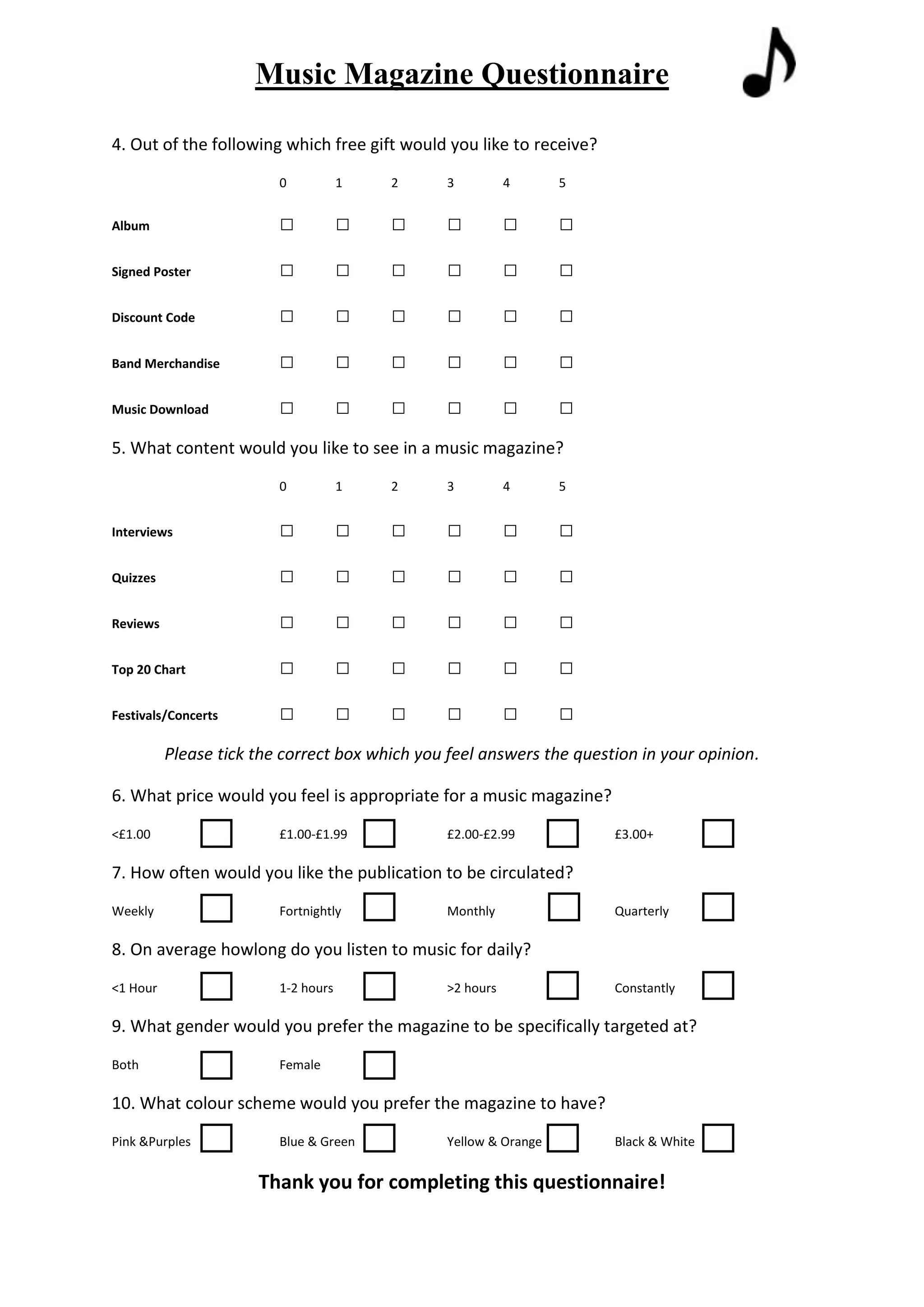 Music Magazine Questionnaire | DOCX