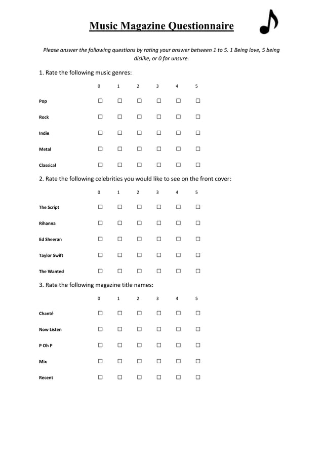 Music Magazine Questionnaire | DOCX