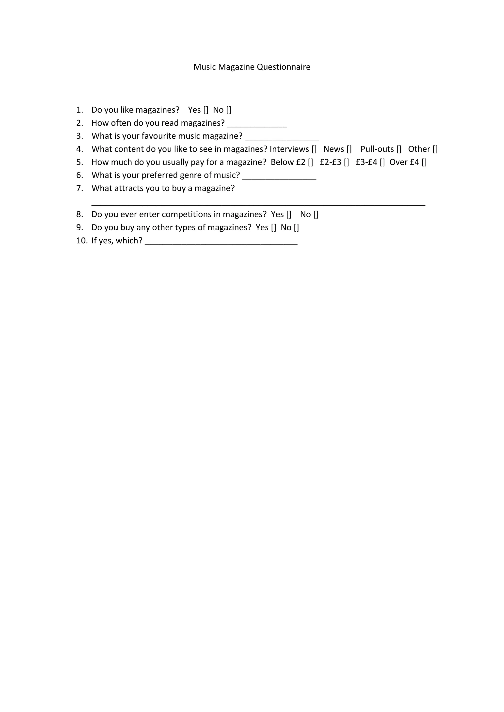 Music magazine questionnaire | PDF