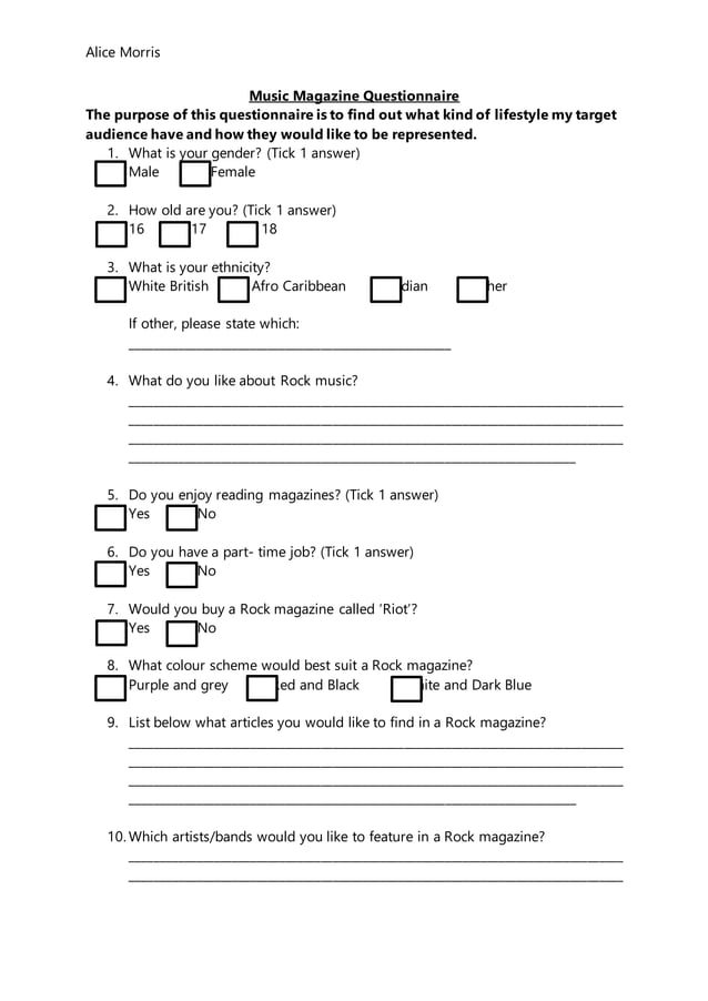 Music magazine questionnaire | PDF