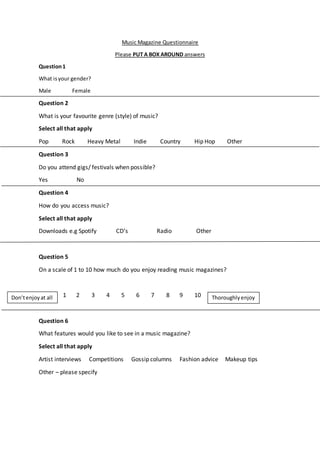 Music magazine questionnaire