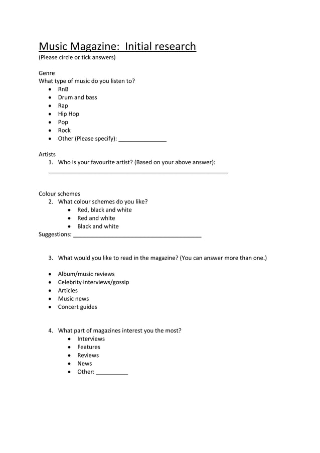 Music magazine questionnaire | DOCX | Music | Entertainment