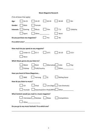 Music magazine research (questionaire) | DOCX