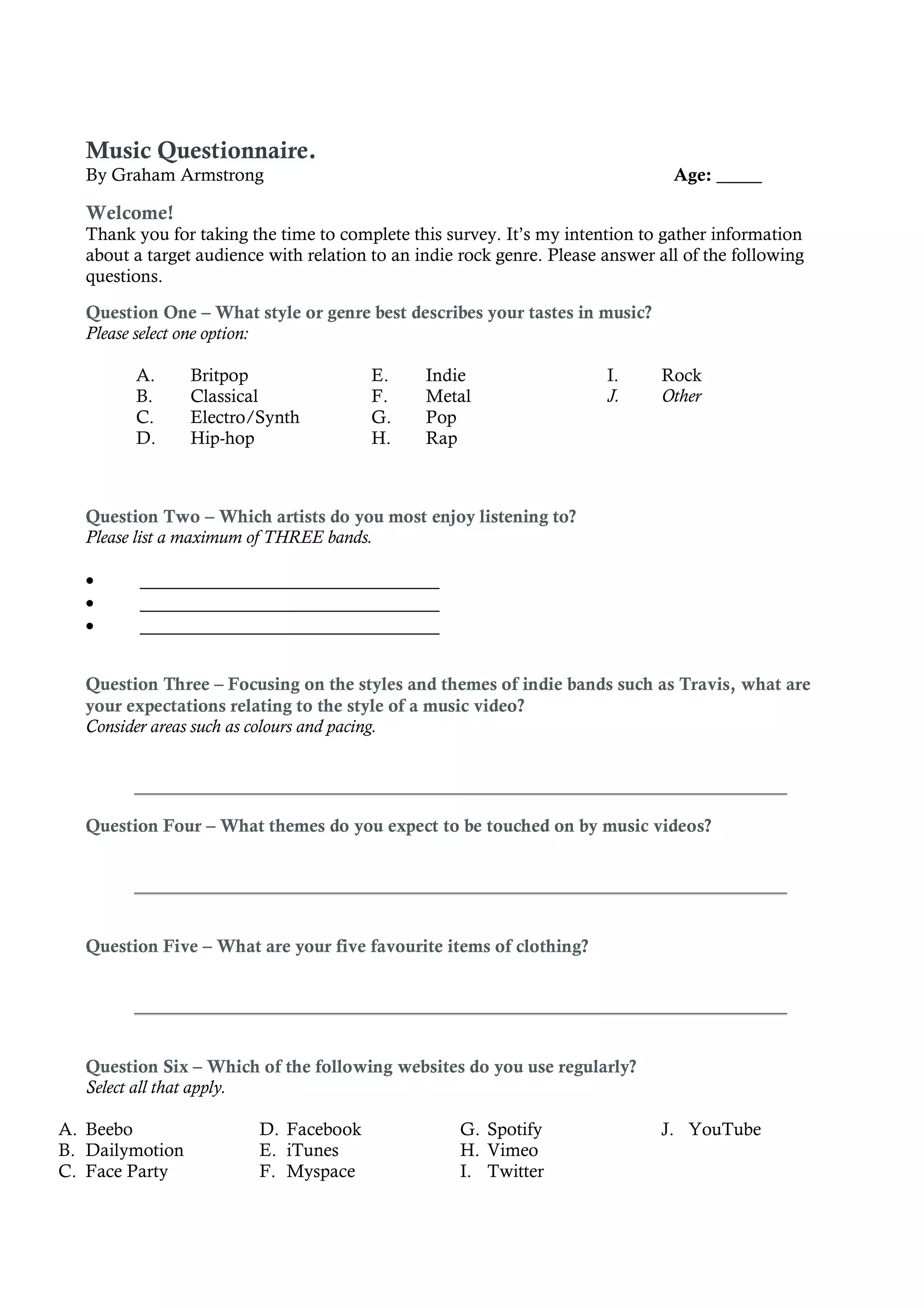 Music questionnaire | PDF
