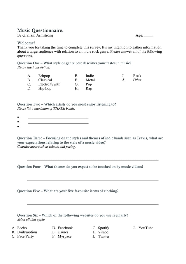 Music questionnaire | PDF