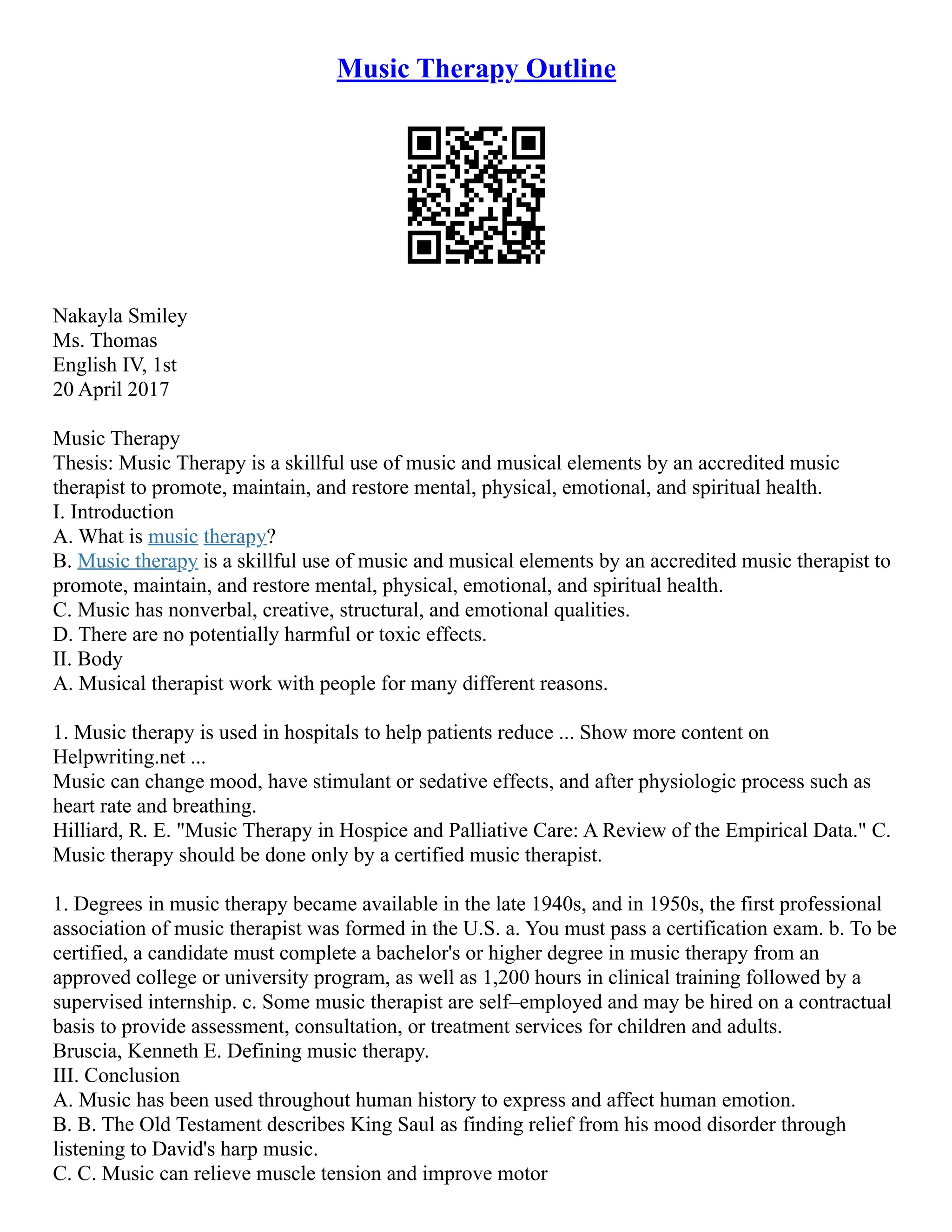 Music Therapy Outline | PDF