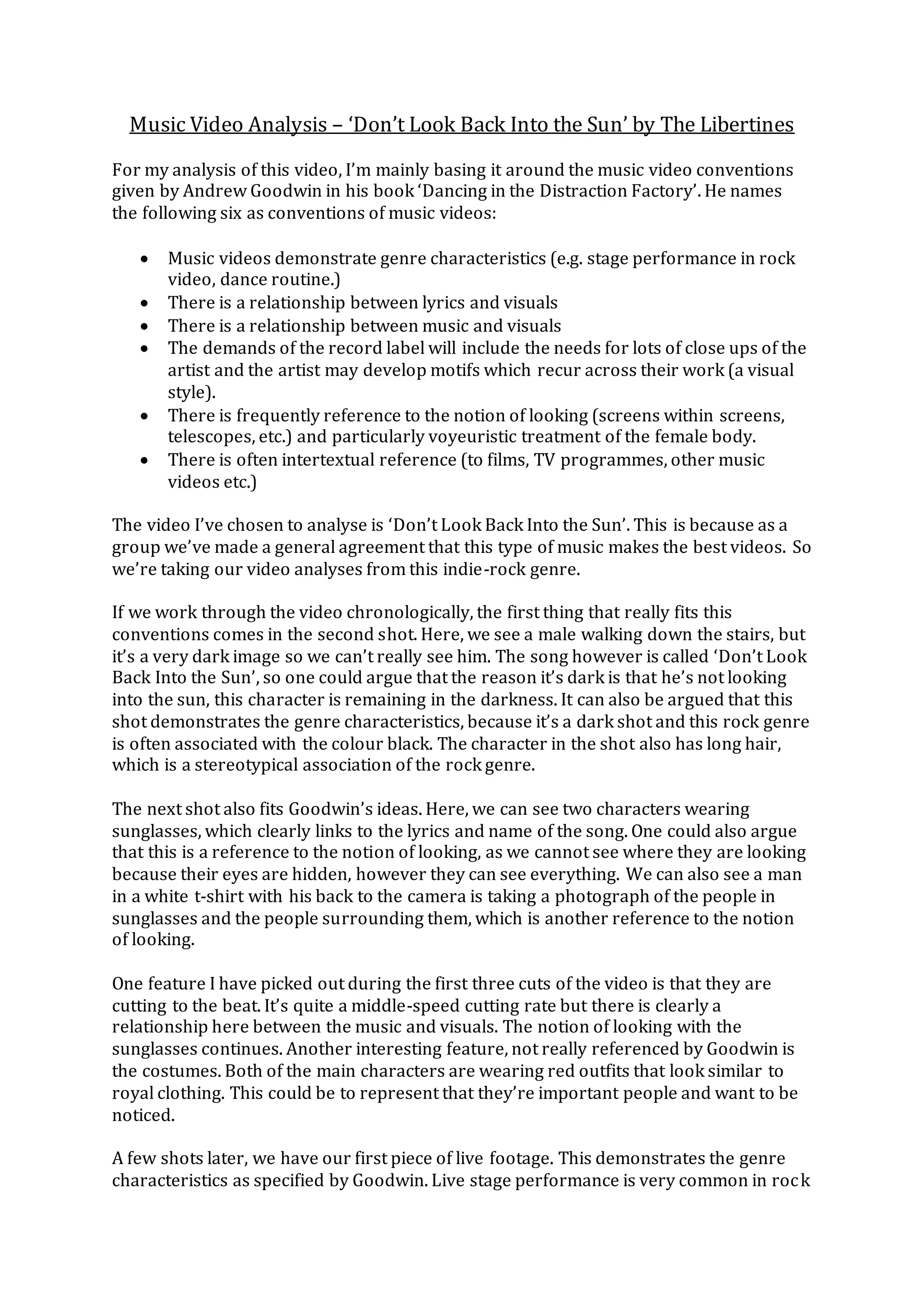 Music Video Analysis - Don't Look Back Into The Sun -The Libertines | DOCX