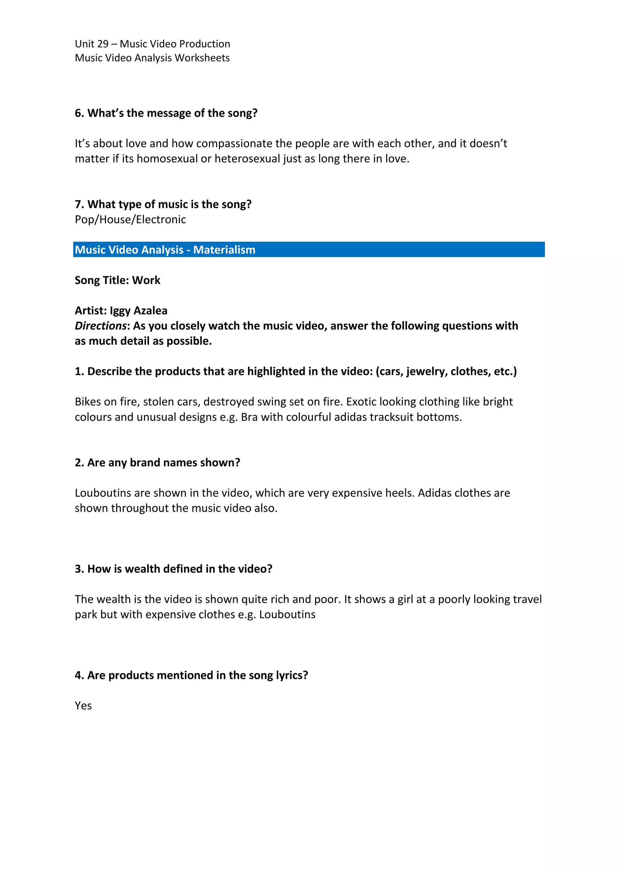 Music video analysis worksheet | DOCX