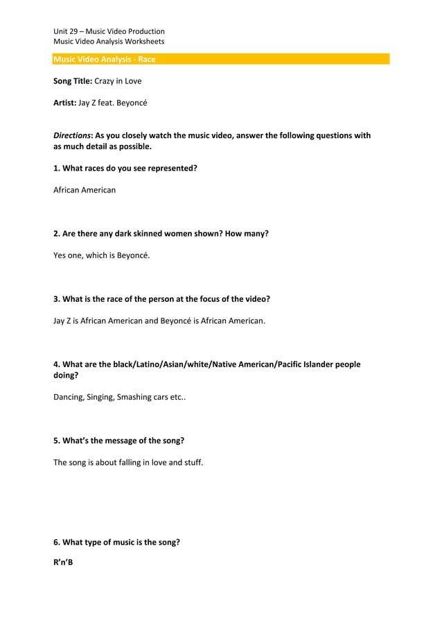 Music video analysis worksheet | DOCX | Hip Hop Music | Music