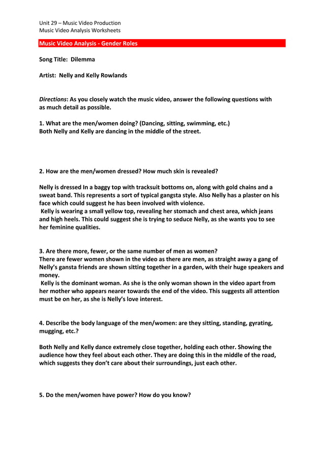Music video analysis worksheets ms word version | PDF