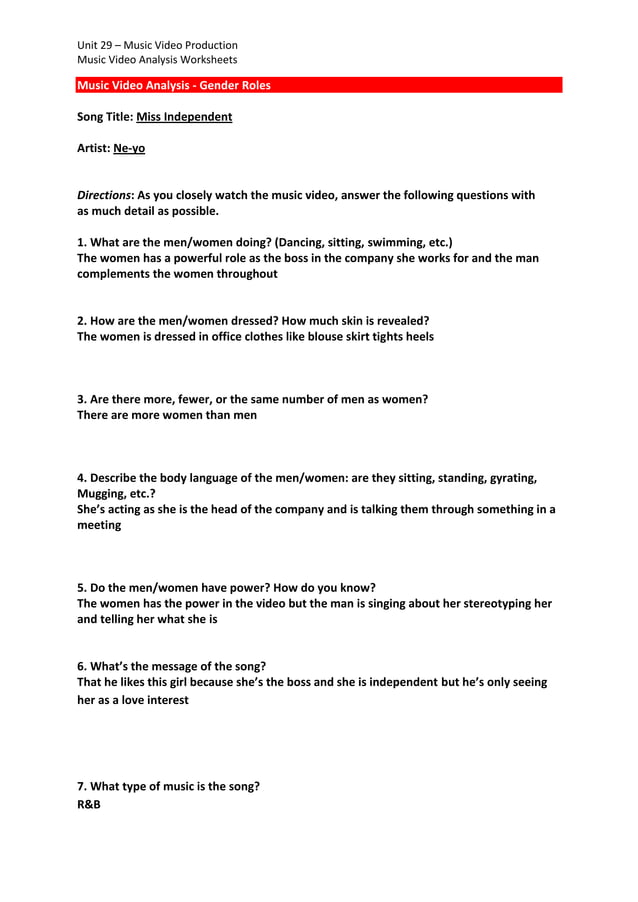 Music video analysis worksheets | PDF
