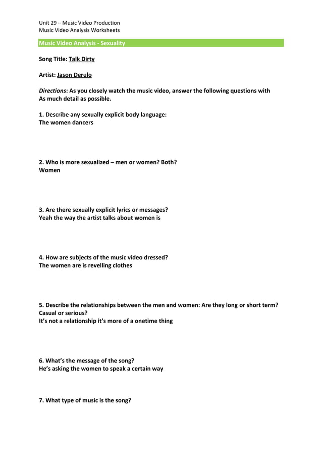 Music video analysis worksheets | DOCX