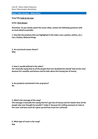 Music video analysis worksheets | DOCX