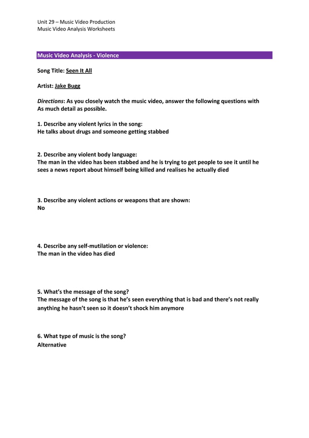 Music video analysis worksheets | DOCX