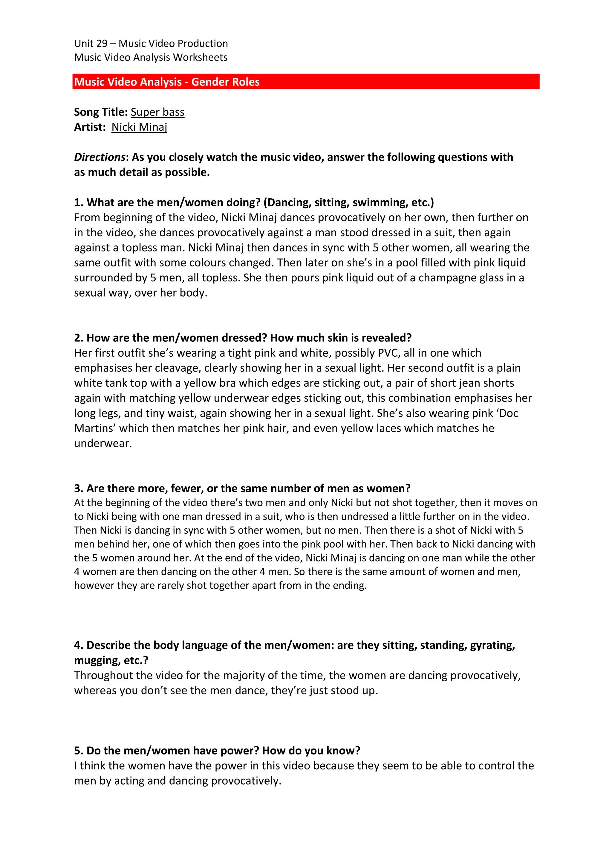 Music video analysis worksheet 1 Emma Upton | DOCX