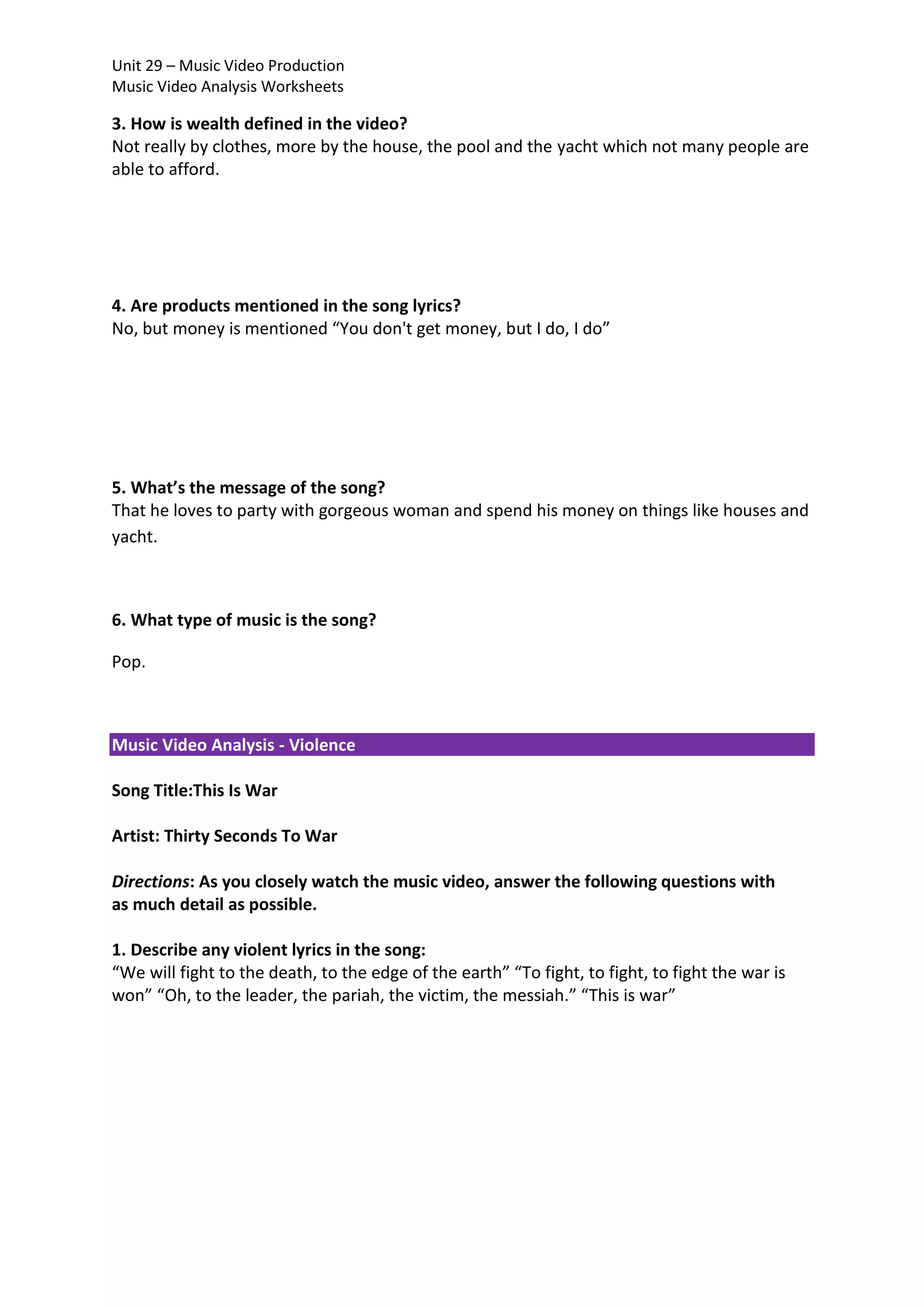 Music video analysis worksheet 1 Emma Upton | PDF