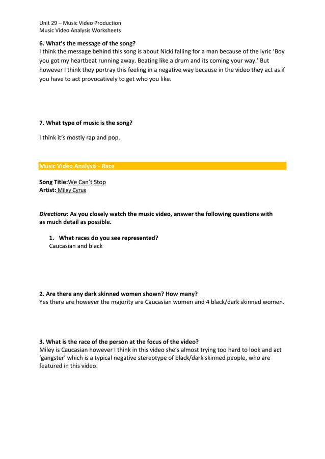 Music video analysis worksheet 1 Emma Upton | DOCX