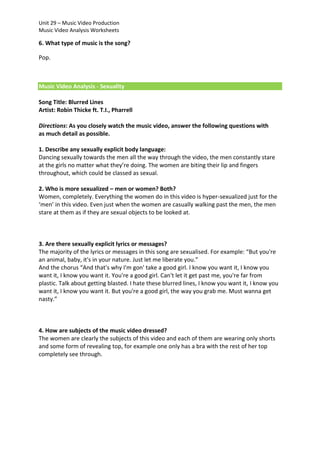 Music video analysis worksheet 1 Emma Upton | DOCX