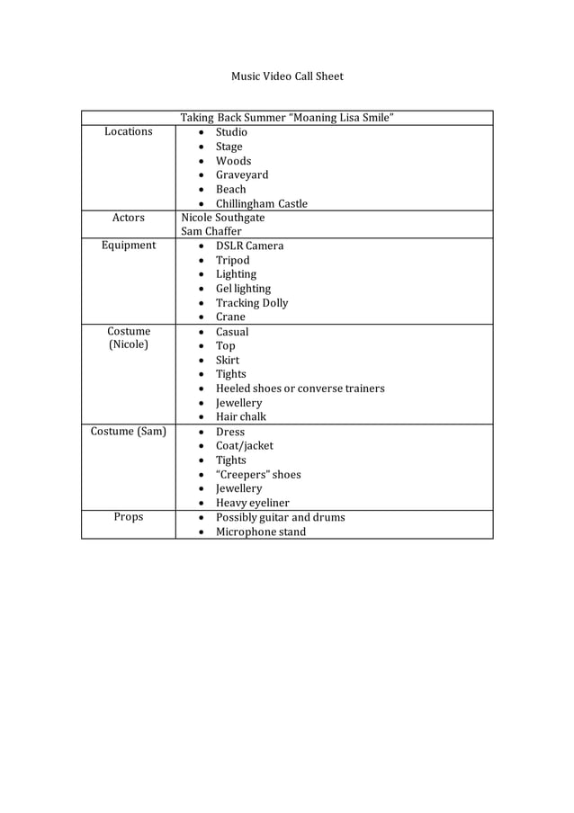 Music video call sheet | PDF