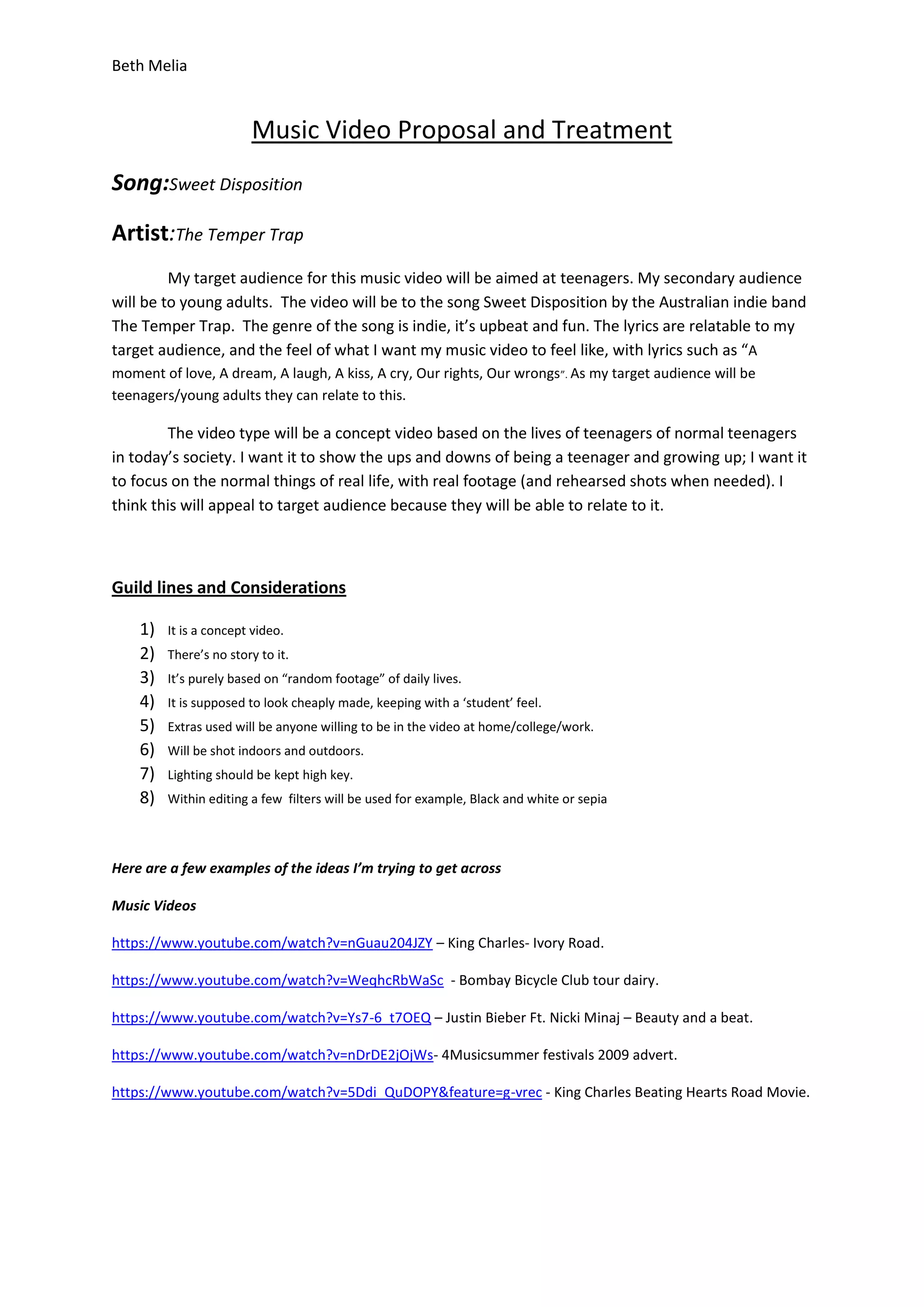 Music video proposal and treatment | DOCX