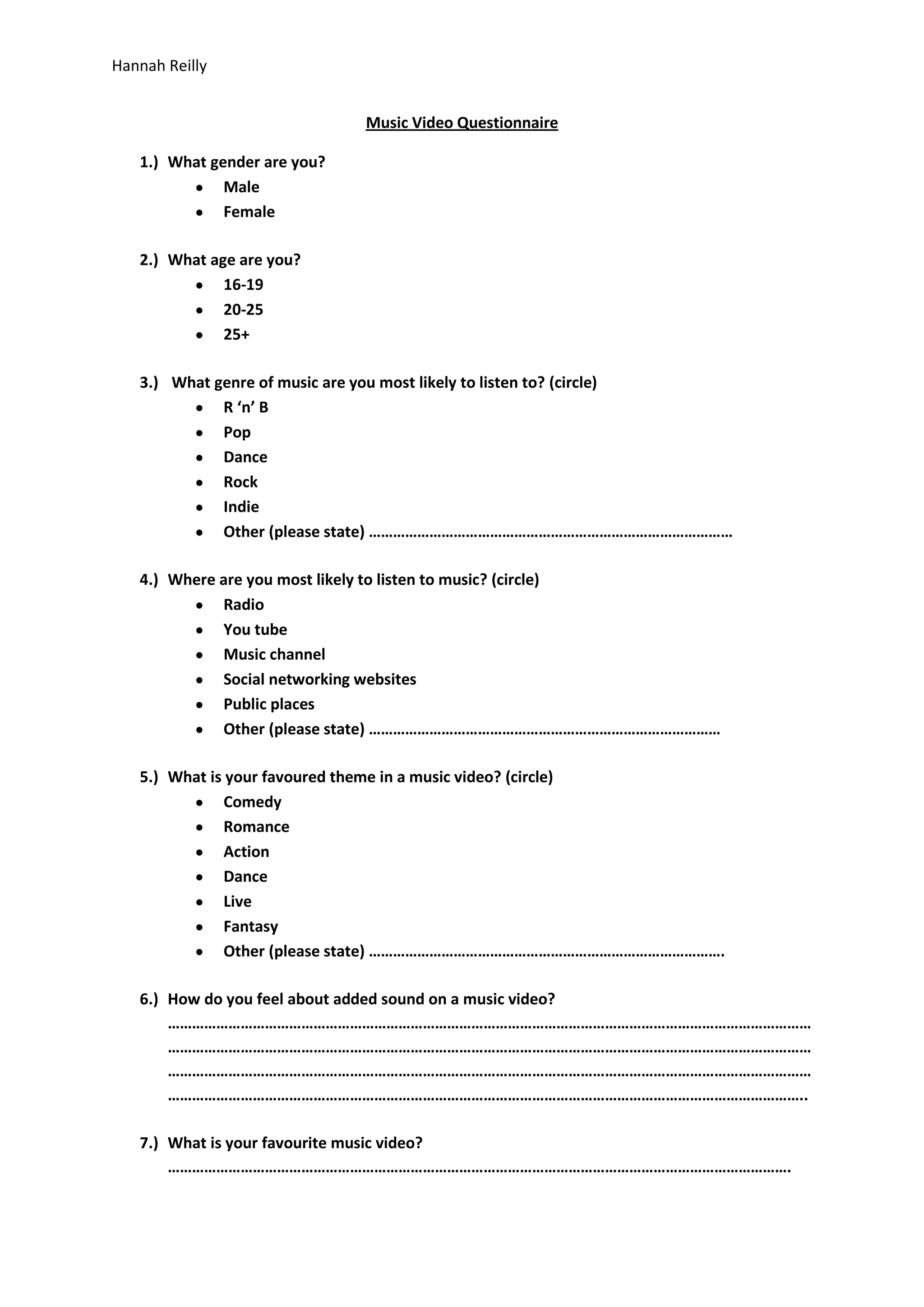 Music video questionnaire | DOCX