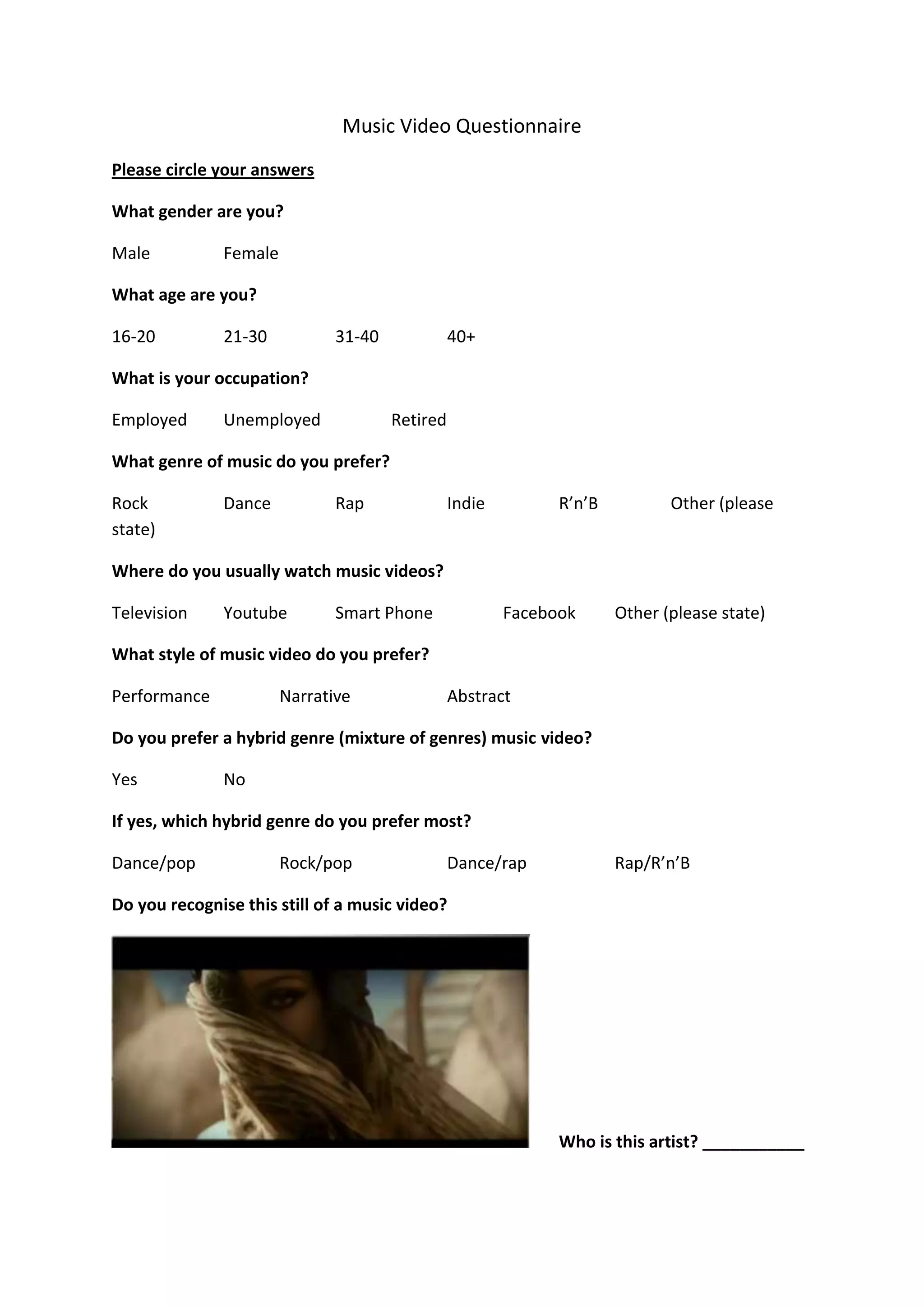 Music video questionnaire | DOCX