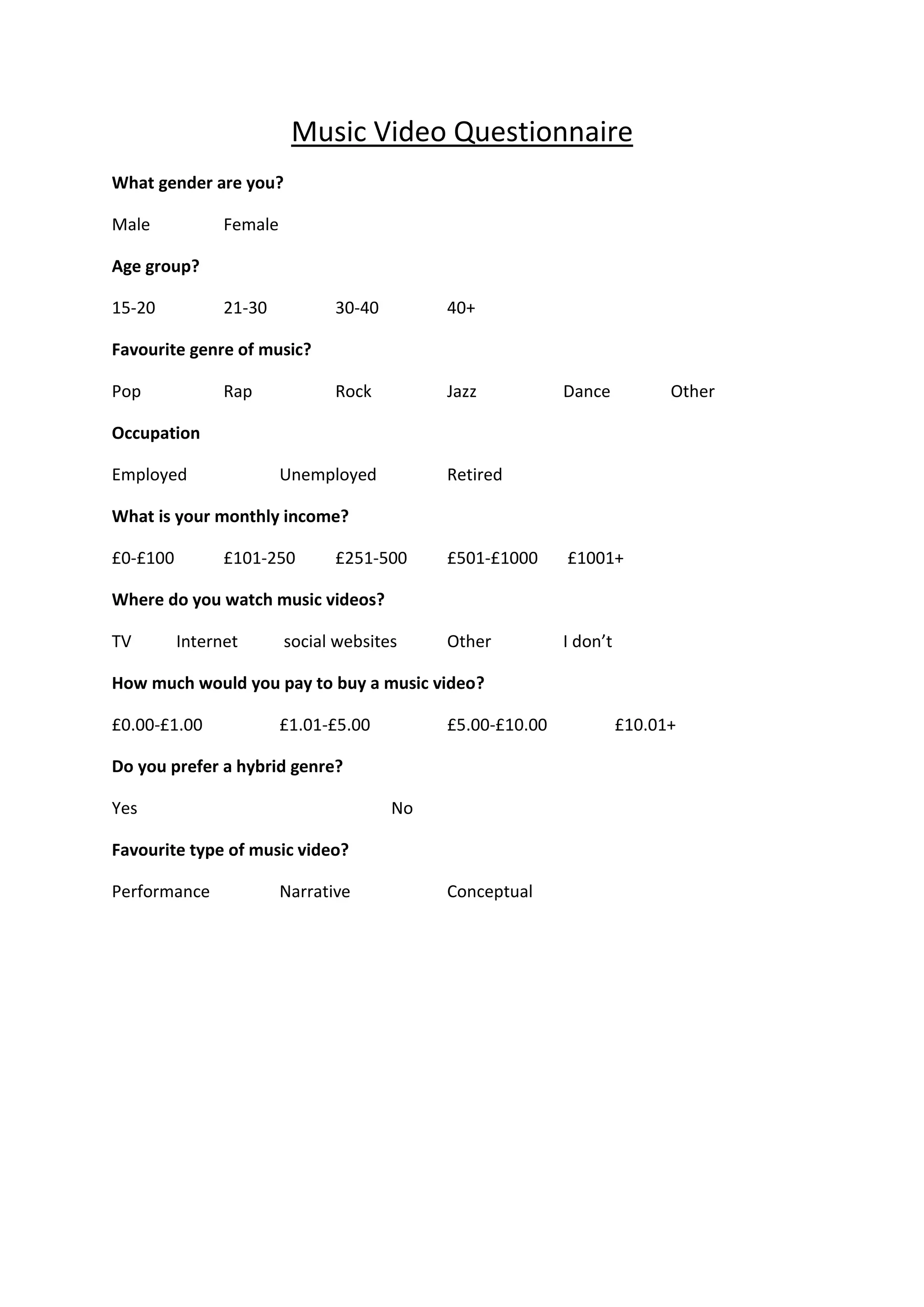 Music video questionnaire | DOCX