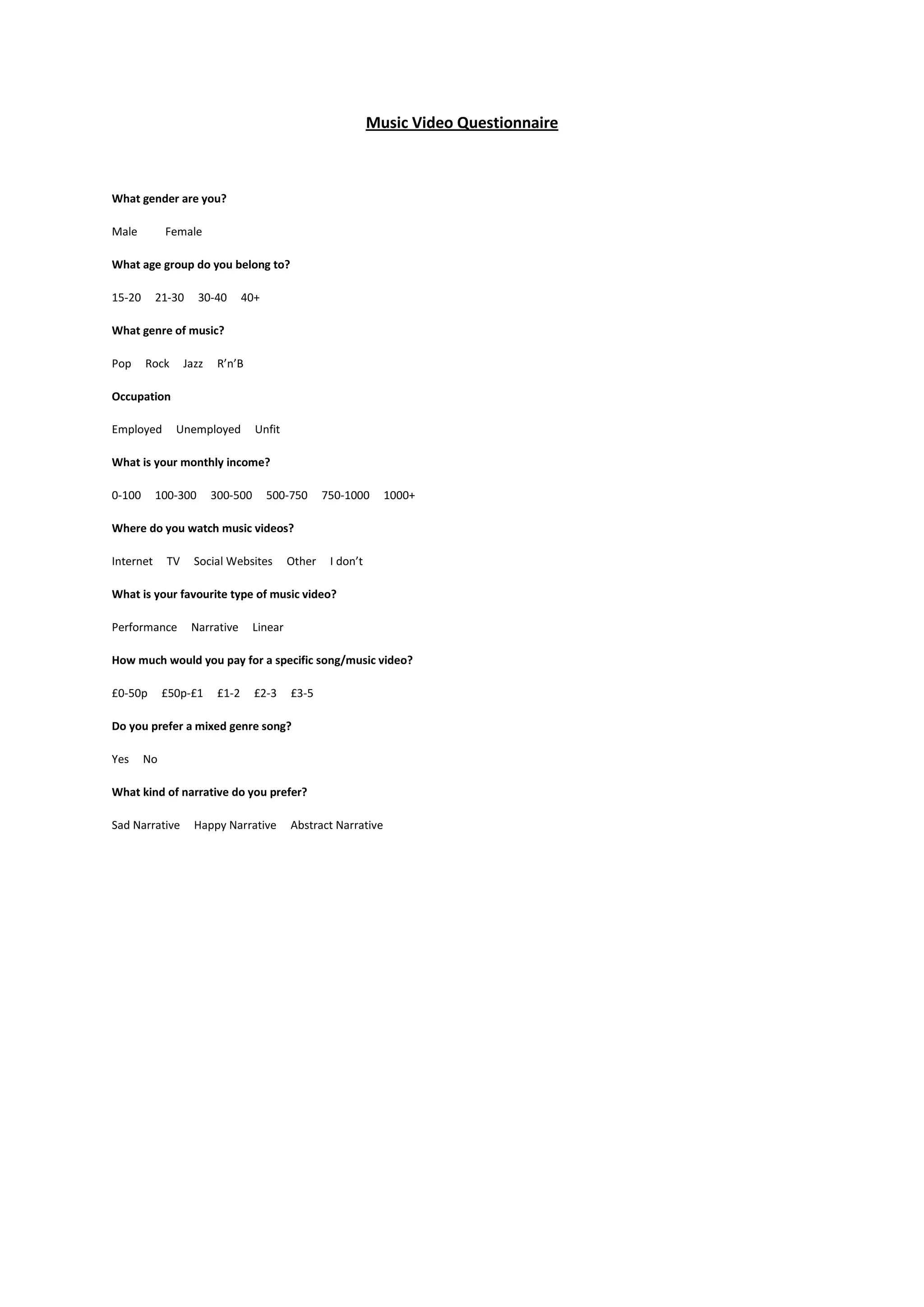 Music video questionnaire | DOCX