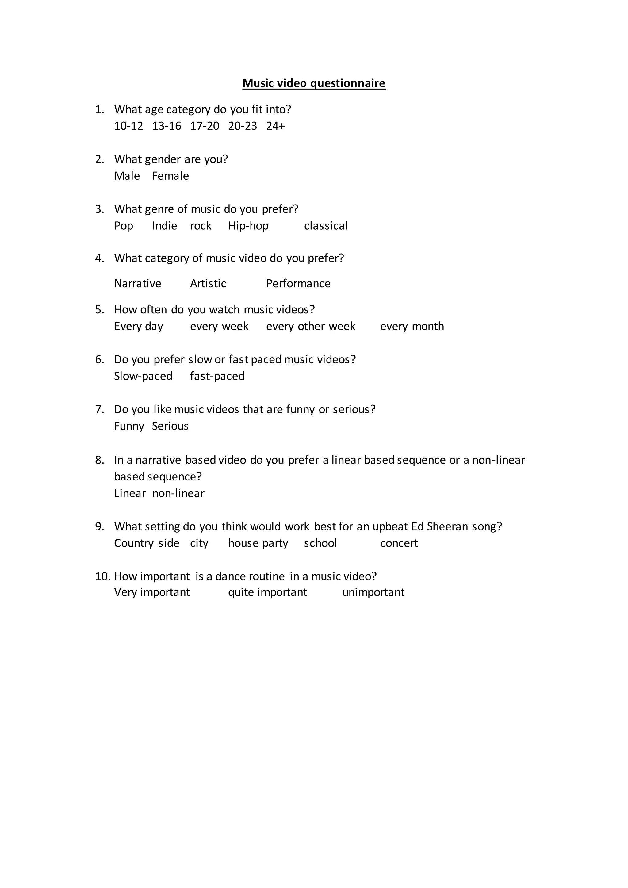 Music video questionnaire | DOCX