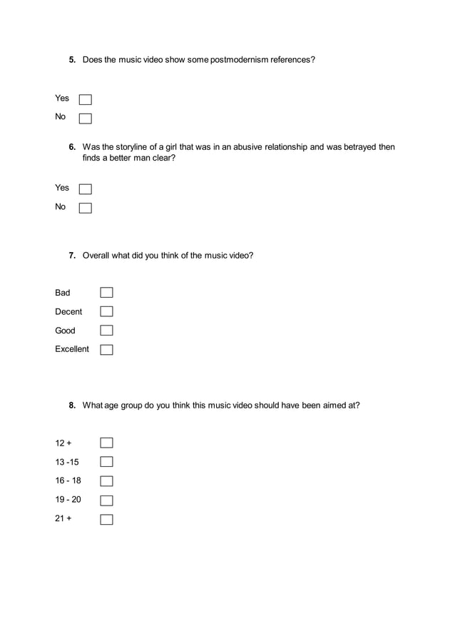 Music video questionnaire | DOCX | Music Video | Genres