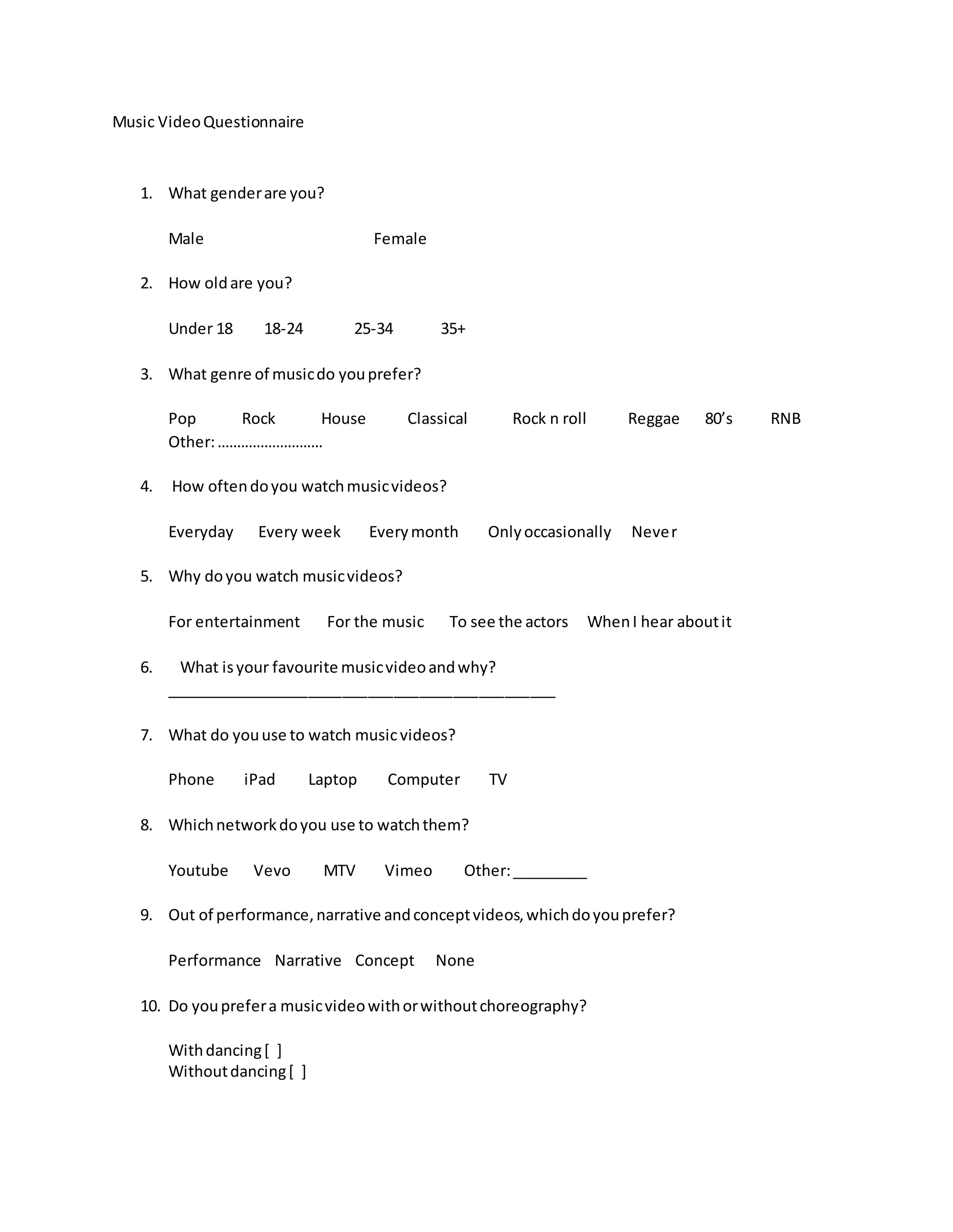 Music video questionnaire | DOCX | Music Video | Genres