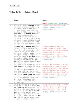Music video script | DOCX | Video Production | Content Production