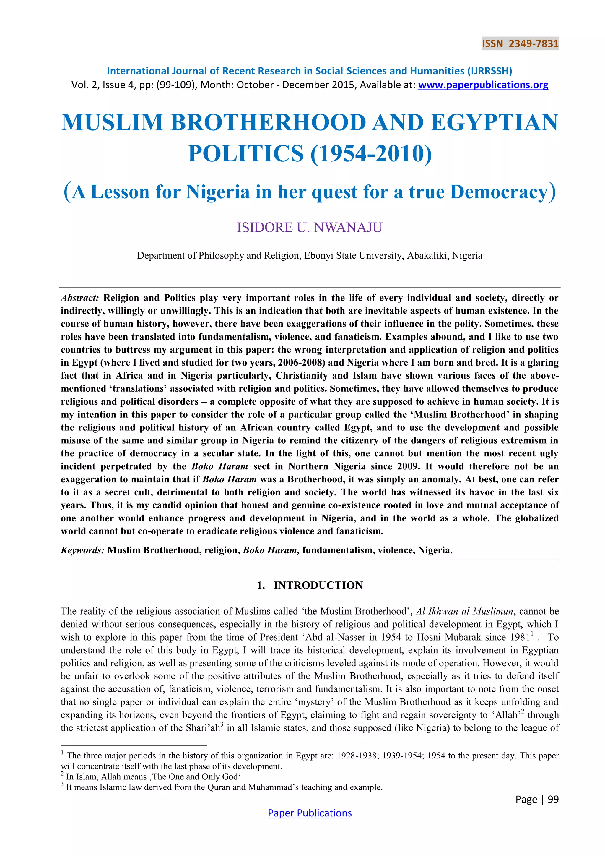 MUSLIM BROTHERHOOD AND EGYPTIAN POLITICS (1954-2010) (A Lesson for ...