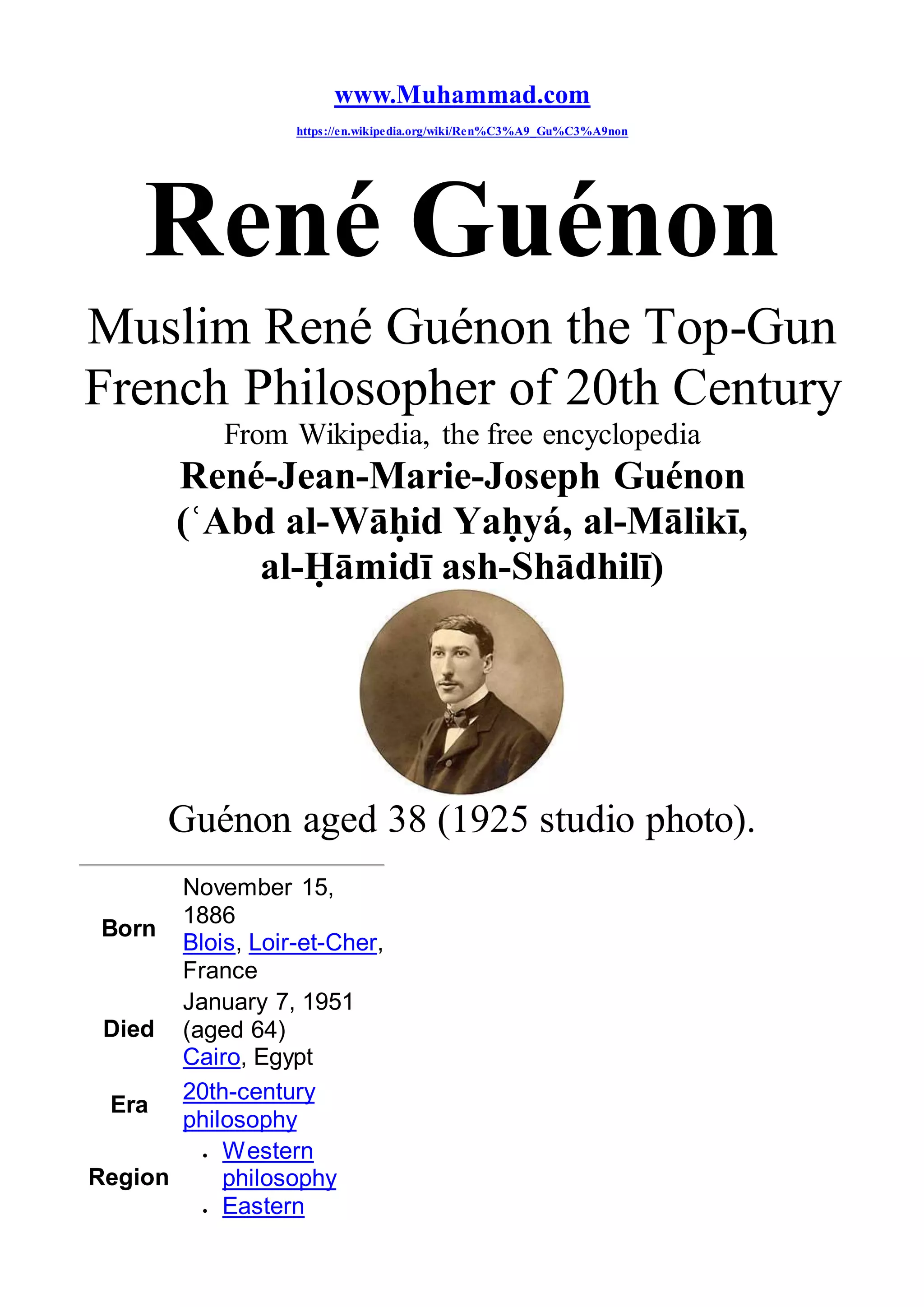 Muslim rené guénon the topgun french philosopher of 20th century | DOCX