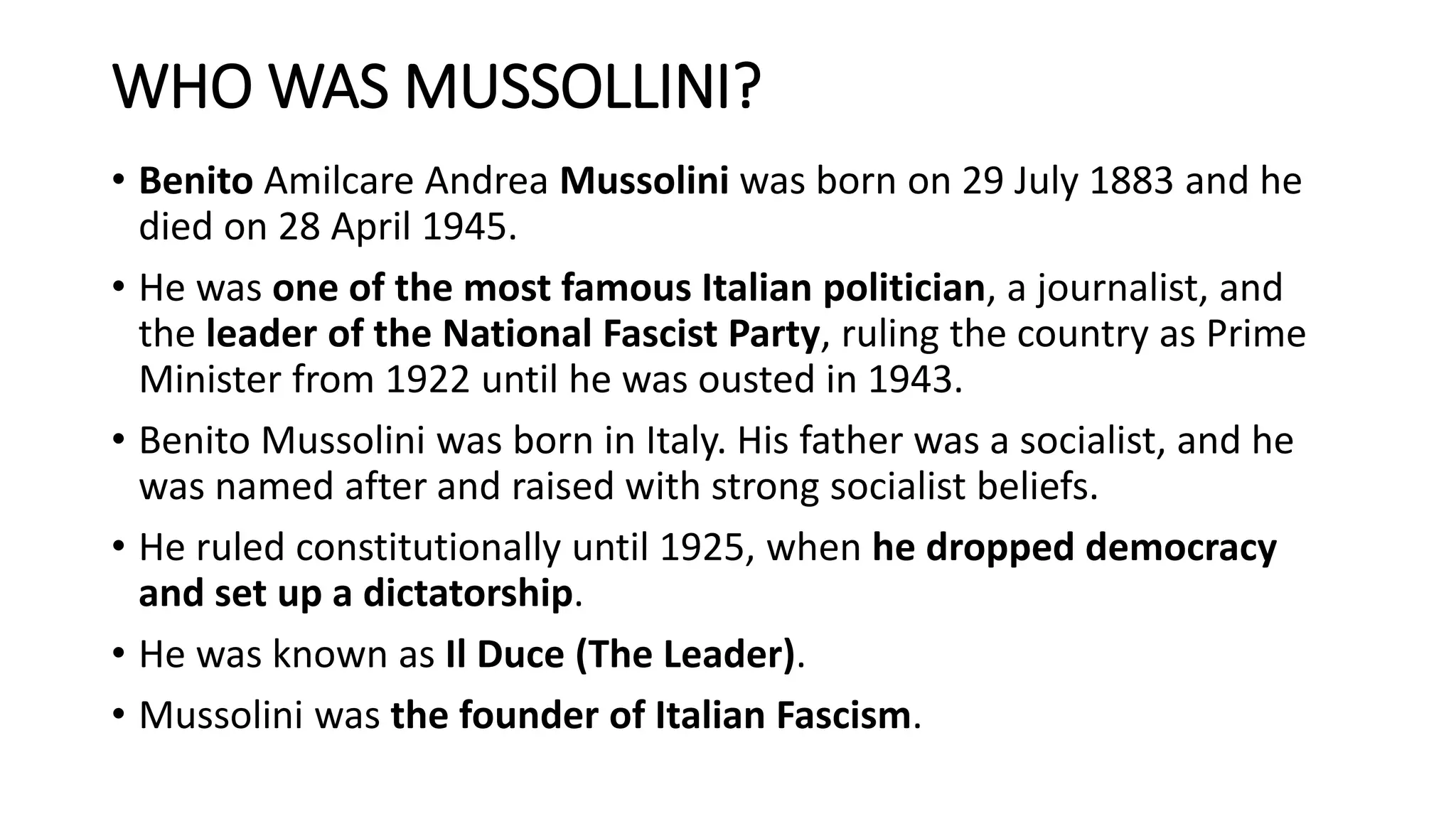HISTORY YEAR 9 - MUSSOLINI | PPTX