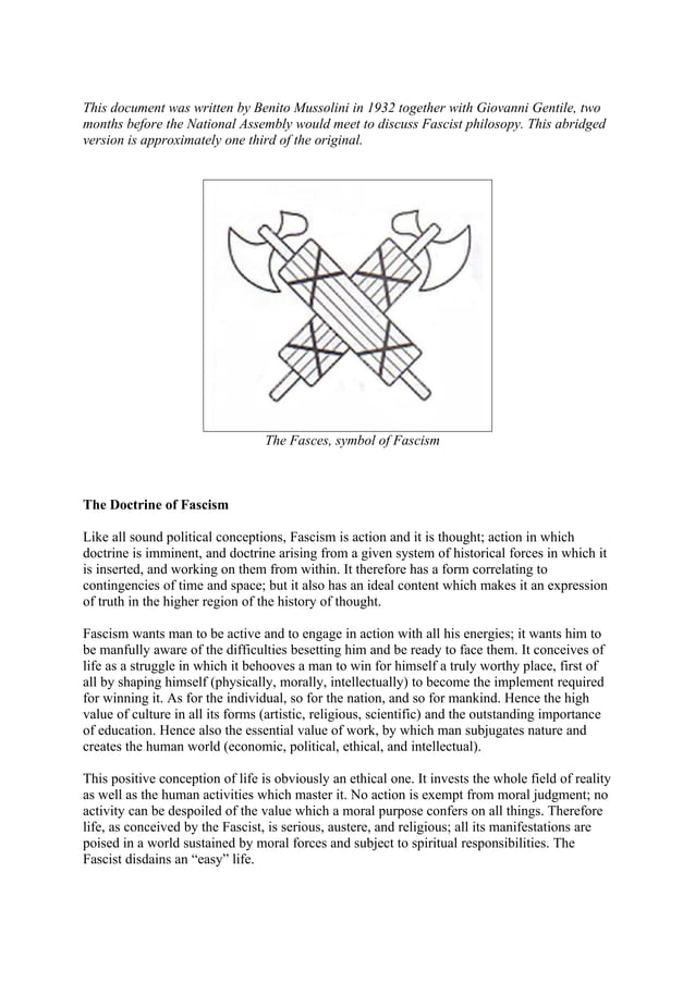 Mussolini, the Doctrine of Fascism, Abridged | DOC | Civic affairs ...