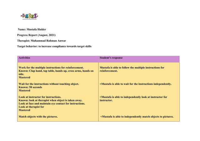 this is a 3 months report of the child who is taking ABA sessions | PPT