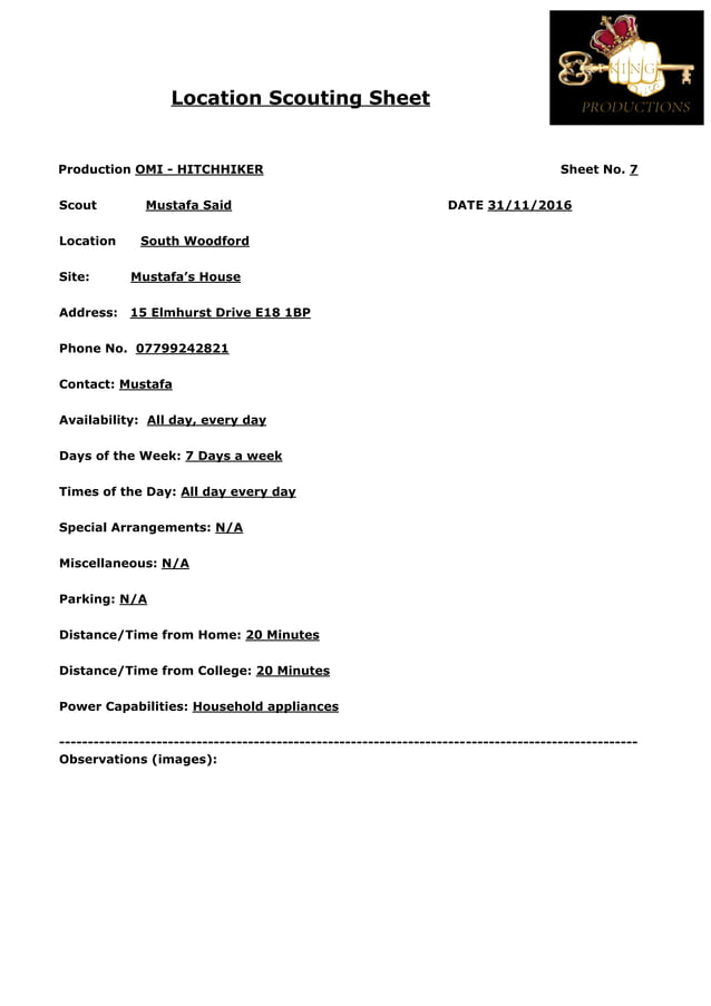 Location Scout Form: Mustafa's house | PDF