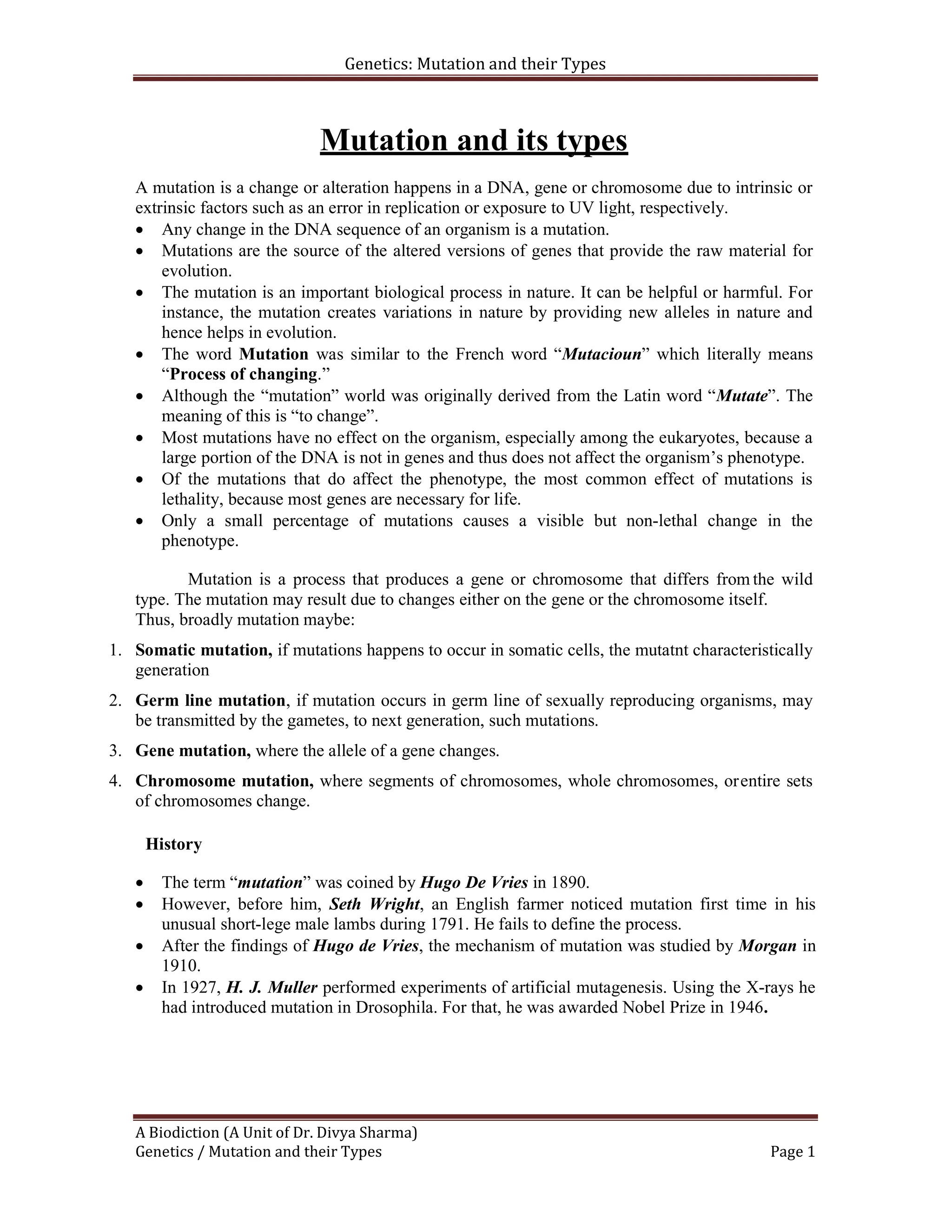 Mutation and their Types # Spontaneous Mutation# Induced Mutation | PDF