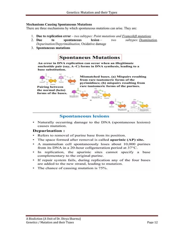 Mutation and their Types # Spontaneous Mutation# Induced Mutation | PDF