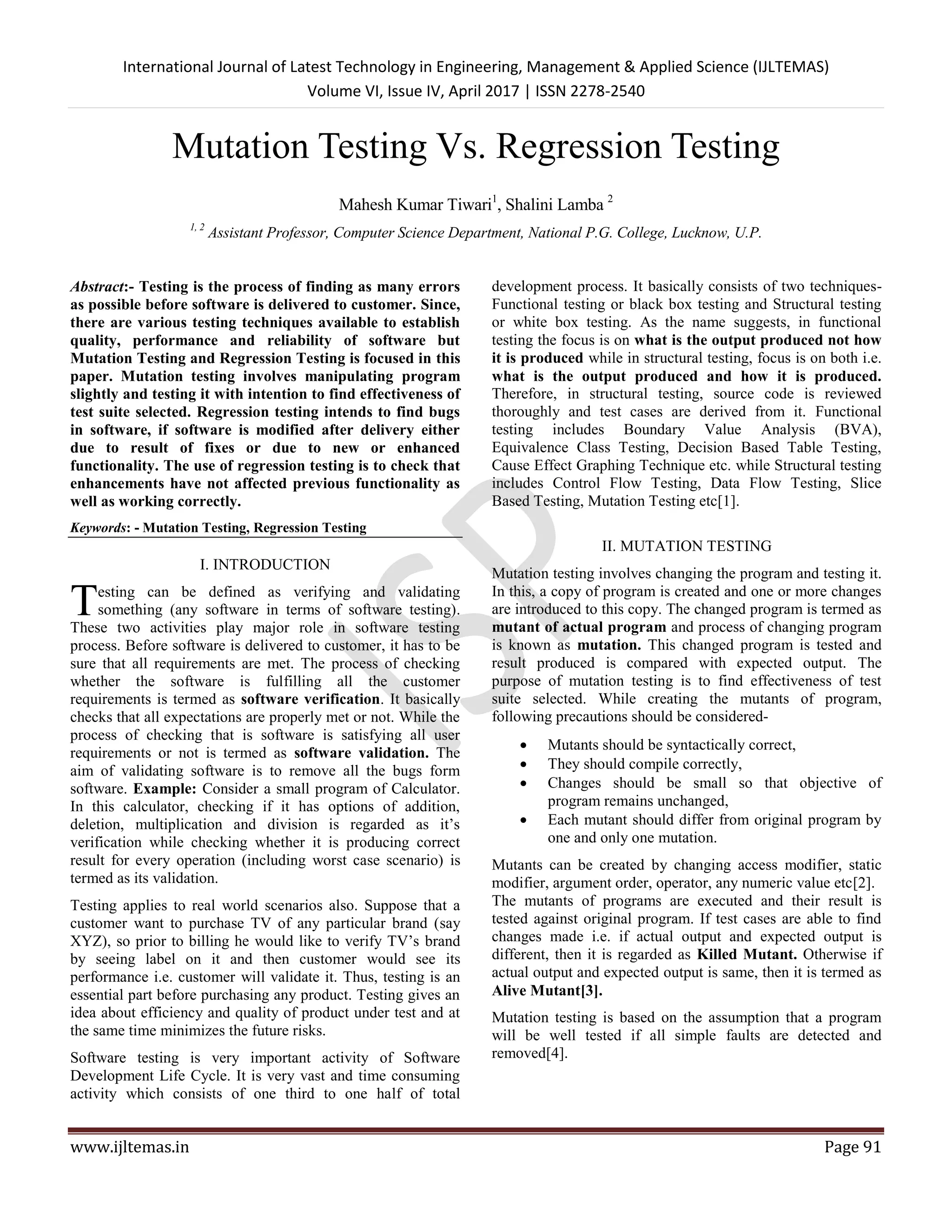 Mutation Testing Vs Regression Testing Pdf