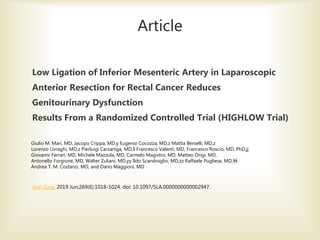Low Ligation of Inferior Mesenteric Artery in Laparoscopic Anterior ...