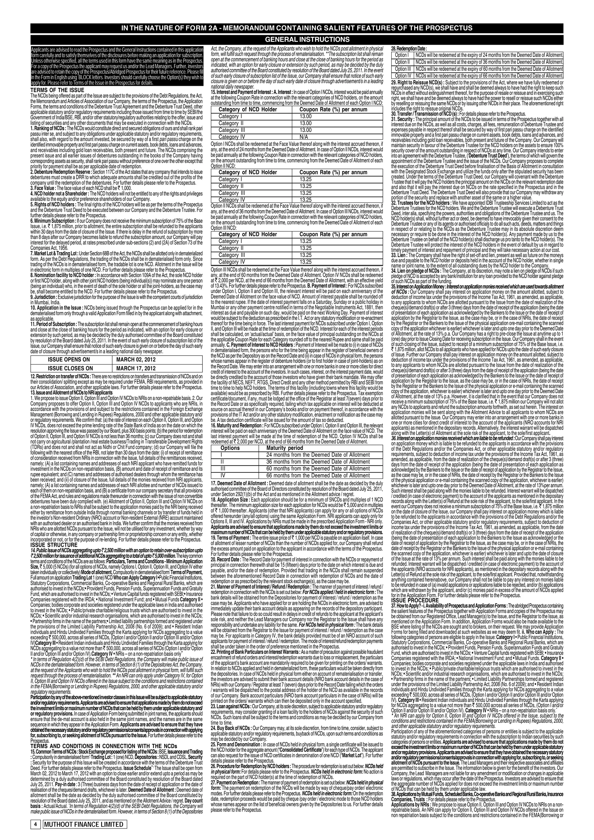 Muthoot finance ncd application form mar 2012 | PDF