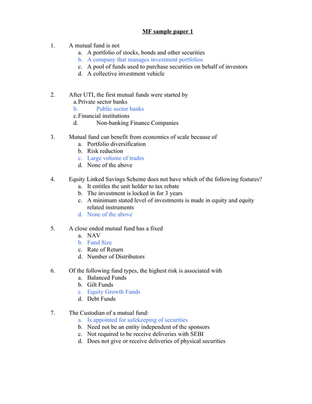 Mutual Fund Question Bank 2 | DOC
