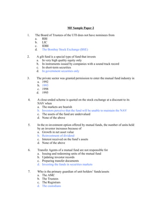 Mutual Fund Question Bank 2 | DOC