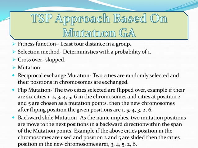 Muzammil Adulrahman ppt on travelling salesman Problem Based On Mutation Genetic Algorithms | PPT