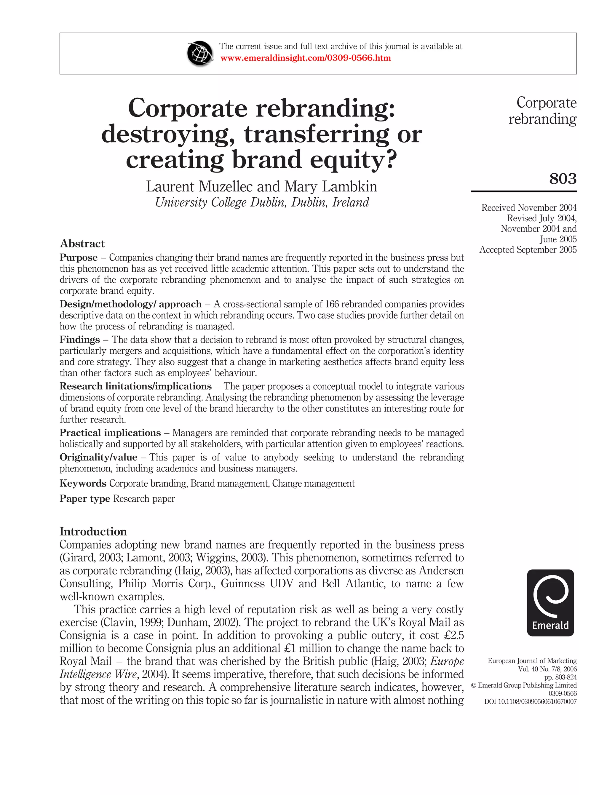 Corporate rebranding: impact on brand equity | PDF