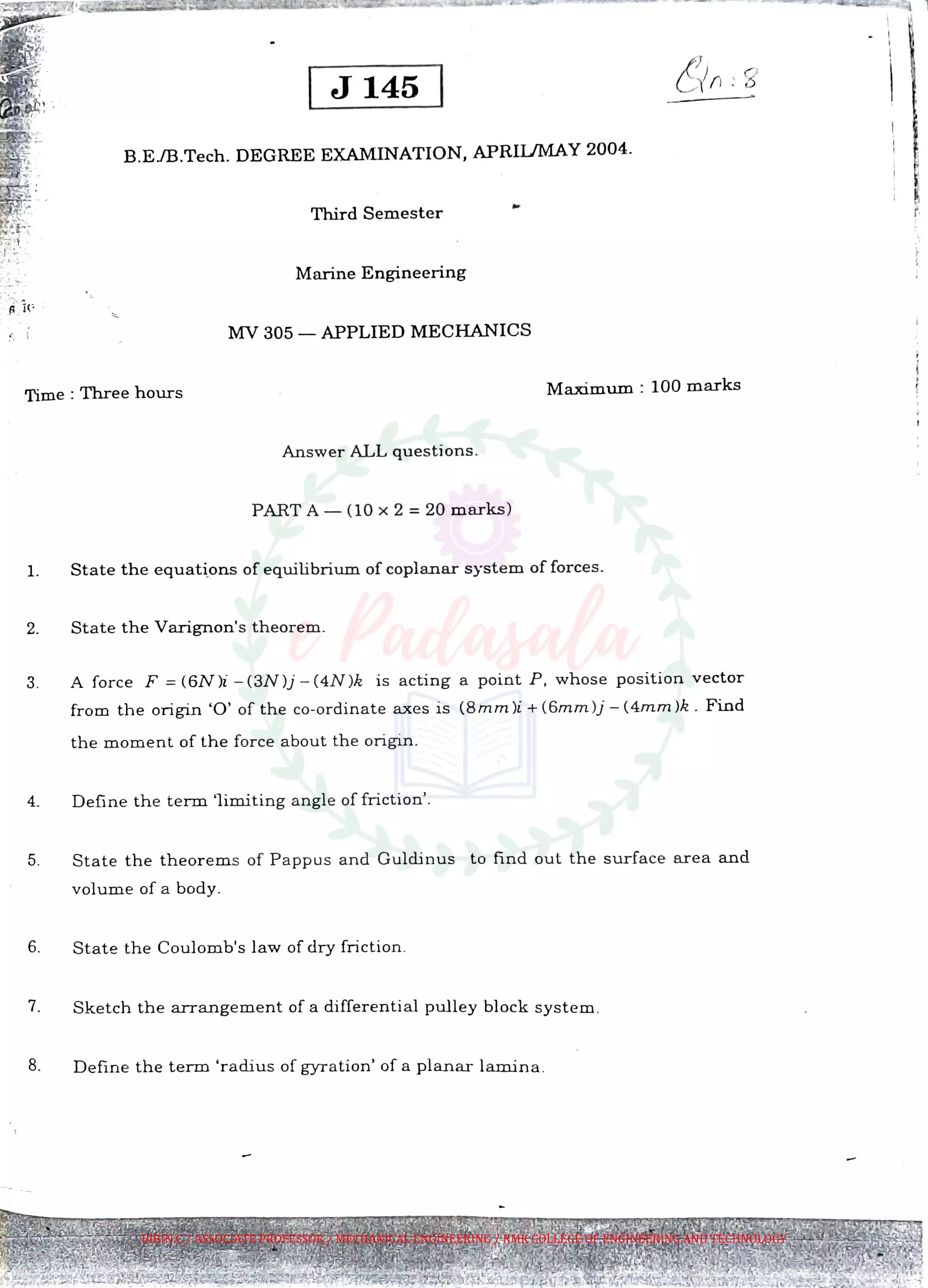 Mv 305 engineering mechanics anna university april may 2004 - solved ...