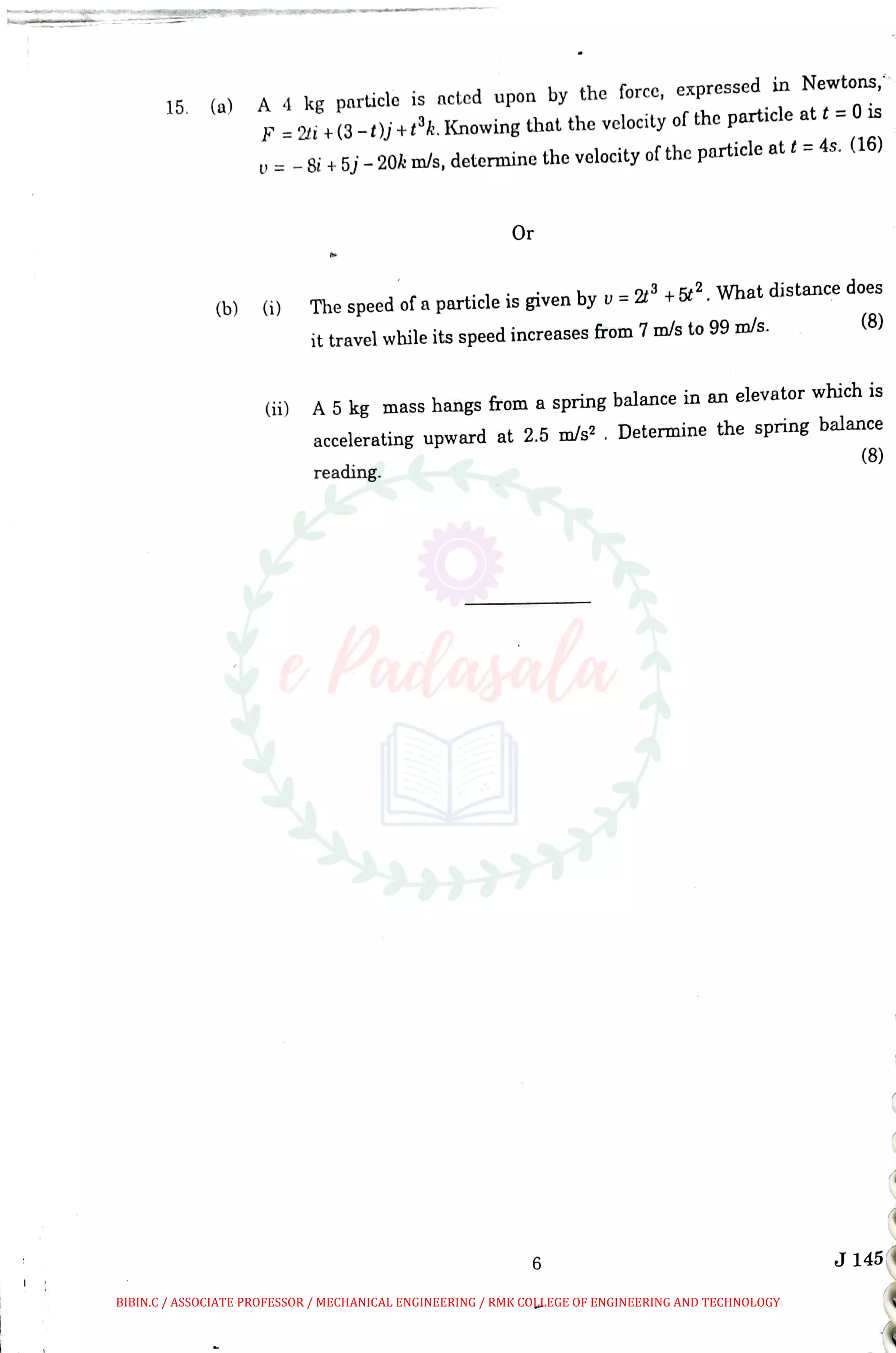 Mv 305 engineering mechanics anna university april may 2004 - solved ...