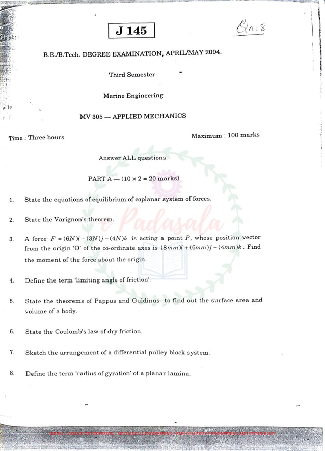 Mv 305 engineering mechanics anna university april may 2004 - solved ...